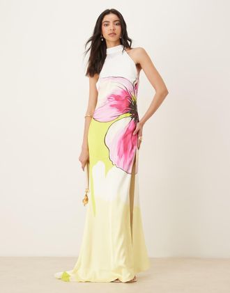 JW PEI Robe longue en satin &agrave; fleurs avec dos nu et fente sur la cuisse - Rose multicolore-Blanc