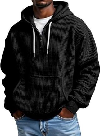 Generic Sweat &agrave; capuche pour homme - Motif gaufr&eacute; - Manches longues - Avec fermeture &eacute;clair 1/4 - Couleur unie - Confortable - Pull en tricot d&eacute;contract&eacute; - Av