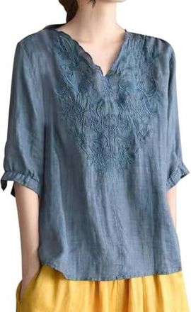 Generic Tunique brod&eacute;e en dentelle boh&egrave;me vintage pour femme - Motif floral - Chemisier indien &agrave; volants sur le devant pour personnes &acirc;g&eacute;es - Coupe ample - Co