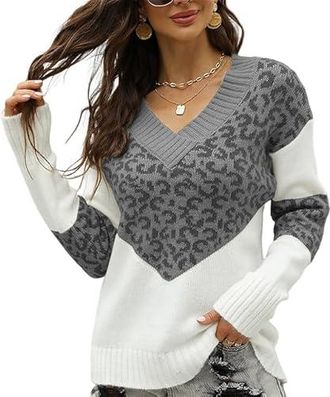 Generic Pull dautomne en tricot Hobo l&eacute;ger pour femme - Imprim&eacute; l&eacute;opard - Col rond - Manches longues - Style r&eacute;tro - Col en V, 004-gris, XXL