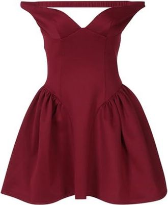 Generic 2026 Robe amincissante d&eacute;t&eacute; &eacute;paules d&eacute;nud&eacute;es dos nu mini robe trap&egrave;ze &agrave; volants fluide coupe ajust&eacute;e courte moulante formelle, Rouge, L