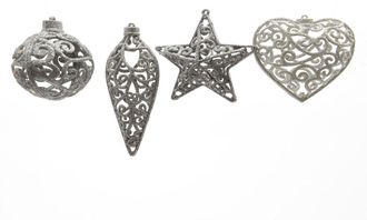 Kaemingk Baumhänger Baumschmuck Christbaumschmuck Silber Weihnachtskugeln Christbaumkugeln Kugel Herz Stern Zapfen 4 er Set Ø ca 10 cm