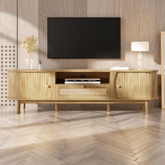 Generic QXJVA TV-Schrank Rattan & Massivholz Lowboard mit Schiebet&uuml;ren TV-M&ouml;bel Landhausstil Sideboard mit Schubladen & Stabilen Holzbeinen Fernsehtisch Boho 