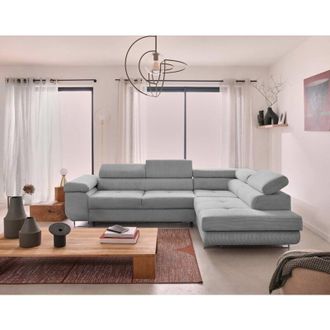 Best Mobilier Zaria - ecksofa rechts - mit schlaffunktion und bettkasten sowie verstellbaren kopfstützen - 5-sitzer - aus cord - hellgrau