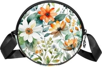 Generic Petit sac &agrave; bandouli&egrave;re circulaire pour femme, motif feuilles florales, sac &agrave; dos avec fermeture &eacute;clair, bretelles r&eacute;glables, sac &agrave; main rond d&eacute;contra