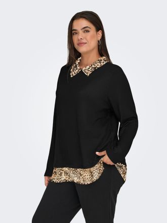 Only Carmakoma Blusenshirt ONLY CARMAKOMA CARALBA LS MIX TOP JRS, Damen, Gr. L, schwarz (schwarz detail:woven leo), Jersey, Obermaterial: 95% Polyester, 5% Elasthan,