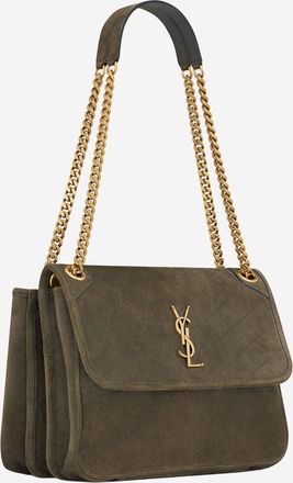 Saint Laurent Womens Shoulder Bag Niki Tripouch Suede Military Green