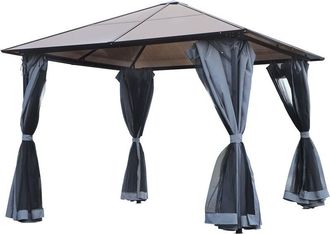 OUTSUNNY Pavillon de jardin tonnelle rigide dim. 4L x 3l x 2,65H m 4 parois latérales anti-UV gris 4 moustiquaires zippées alu. métal polycarbonate noir brun