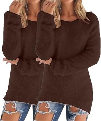 Generic Lot de 2 pulls en polaire pour femme - Pull dautomne léger - Col rond - Manches longues - Solide - En peluche - Doux - Uni - Pull décontracté en trico