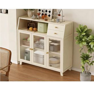 Generic Sideboard in Massivholzoptik mit halbtransparenten Glast&uuml;ren Offene Regalb&ouml;den + Schubladen Stauraum for das Esszimmer, Teeschrank und Wohnzimmer(Whit