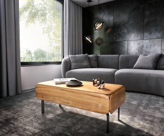 DELIFE Couchtisch Shavani 100x50 cm Akazie Natur 1 Schublade L-Fu&szlig; Metall Schwarz, Couchtische