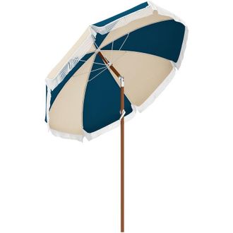 OUTSUNNY Parasol inclinable de jardin &Oslash; 213 cm style vintage franges bleu beige