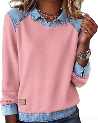 Generic Sweats en denim patchwork pour femme, col en denim, patchwork cousu, pull de No&euml;l d&eacute;contract&eacute;, rose, 3XL