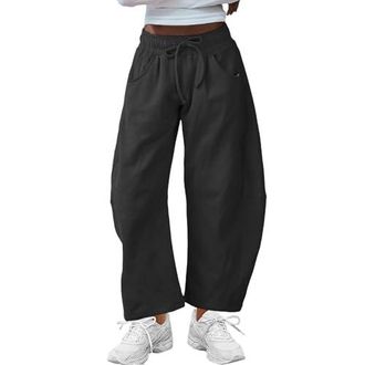 Generic Pantalon de survêtement pour femme avec cordon de serrage et taille élastique, pantalon Palazzo décontracté en coton avec poches, Noir, XXL