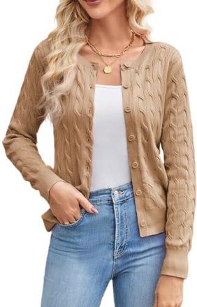 Grace Karin Bol&eacute;ro festif &agrave; manches longues pour femme, cardigan d&eacute;contract&eacute;, col rond, cardigan court en tricot avec boutons, caf&eacute;, M