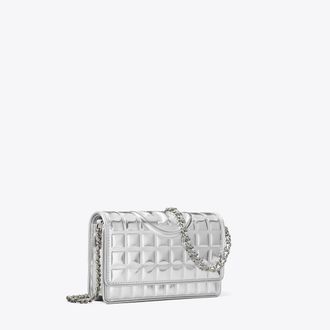 Tory Burch Damen Gesteppte Fleming Geldb&ouml;rse in Metallic mit Kette