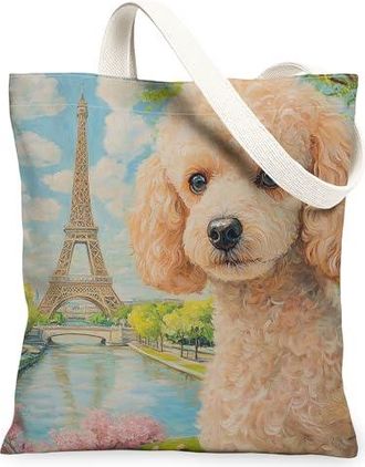 Generic Sac fourre-tout en toile motif caniche printanier 33 x 38,1 cm, tour romantique, sac d&eacute;picerie r&eacute;utilisable pour femme, motif animal de compagnie, d&eacute;c