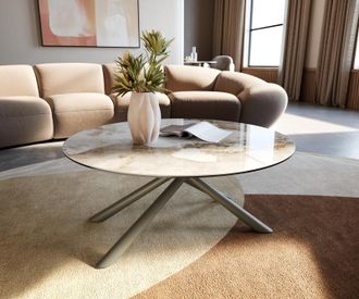 DELIFE Couchtisch Edge Rund 90x90 cm Keramik Minas Melange Sarity Metall Effektfinish Titan, Couchtische