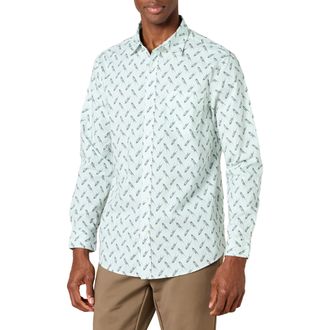 Amazon Essentials Herren Langärmeliges Hemd Aus Stretch-Popeline Mit Normaler Passform, Hellblau Vogelaufdruck, M