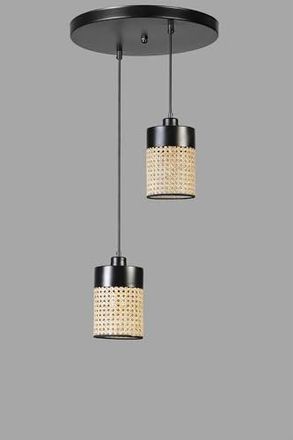 Opviq Elegant Rattan Chandelier, Adjustable Height 70 cm, Metal Body with Natural Rattan Cap, E27 Socket, 14 cm Cap Diameter, Stylish Black Finish for Moder