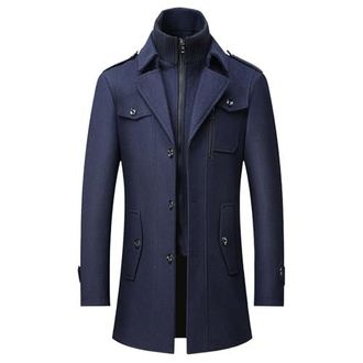 Generic Manteau thermique en laine m&eacute;lang&eacute;e pour homme - M-5XL - Grande taille - Trench &agrave; simple boutonnage - Blazer &agrave; col crant&eacute;, bleu, XXL