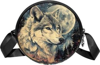 Generic Sac &agrave; bandouli&egrave;re rond pour femme, motif lune &eacute;toil&eacute;e, loup, petit sac &agrave; bandouli&egrave;re avec fermeture &eacute;clair, bretelles r&eacute;glables, sac &agrave; main rond d&eacute;con
