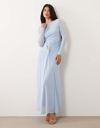 Daska Robe longue &agrave; encolure bateau avec noeud et d&eacute;tail m&eacute;tallique &agrave; lavant - Bleu ciel-Blanc