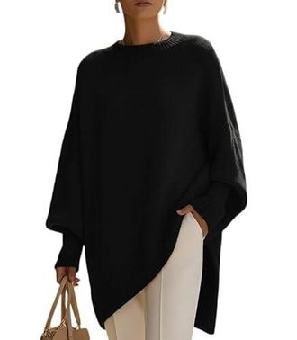 Generic Pull surdimensionn&eacute; &agrave; manches chauve-souris pour femme - Col rond - Tendance - Tricot c&ocirc;tel&eacute; - Pour le bureau et le quotidien, Noir, XXL