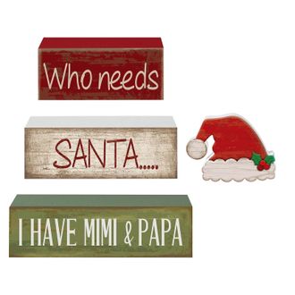 Generico Weihnachts-Stufentablett-Dekoration aus Holz - Set mit Weihnachtsbaustein-Schildern mit Weihnachtsm&uuml;tze, 4-teilig, saisonale Tischdekorationen f&uuml;r Bau