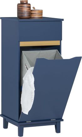 SoBuy Badezimmerschrank schmal mit ausklappbarem Wäschesack - Wäscheschrank mit Schublade, Kiefernholzbeinen - Feuchtigkeitsresistenter Badmöbel aus Holz fü