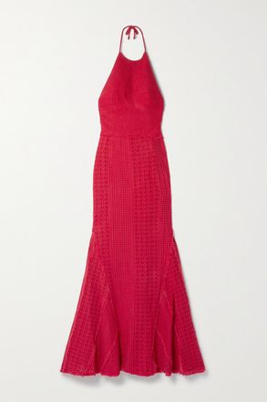 Rue Mariscal Neckholder-maxikleid Aus Besticktem H&auml;kelstrick Mit Fransen - Burgunder