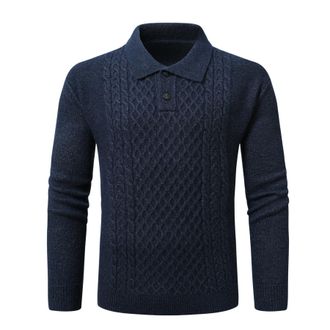 AlltheMen Herren Pullover Winter mit Kn&ouml;pfen Strickpullover Revers Sweater mit Zopfmuster Winterpullover Strick Navyblau 4XL