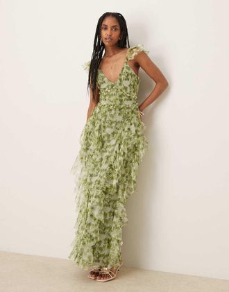 Lace & Beads Robe volant&eacute;e longueur mollet en tulle imprim&eacute; fleuri - Olive-Vert