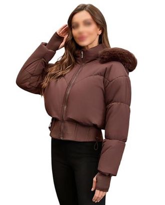 Generic Doudoune dhiver courte pour femme avec capuche en fausse fourrure et col montant avec fermeture &eacute;clair, marron, XXL