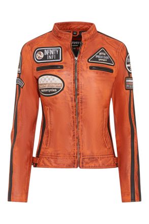 Infinity Leather Orangefarbene Biker-Rennjacke aus Leder f&uuml;r Damen, Agadir