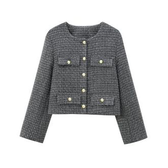 Generic Veste &eacute;l&eacute;gante &agrave; col rond for femme, manteau de style tweed &agrave; manches longues avec bordure tiss&eacute;e, blazer tricot&eacute; polyvalent for le bureau et le quoti
