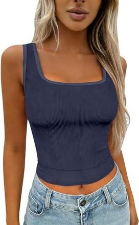 Generic D&eacute;bardeur de sport pour femme - Gilet d&eacute;t&eacute; l&eacute;ger en coton - Sans manches - Crop Tops &eacute;lastiques - Camisole sans manches - Col en U - T-shirt c&ocirc;tel&eacute; - 