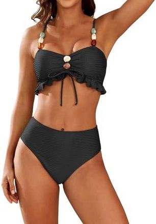 Generic Bikini Femme Deux Pieces Gainant Et Amincissant Deux pièces en Corde perlée de Couleur Unie (Black, L)