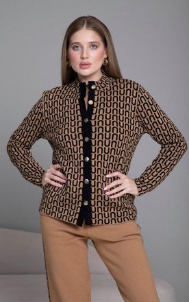Passioni Strickjacke mit geometrischem Muster in Kamel und Schwarz und goldenen Kn&ouml;pfen