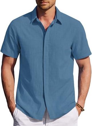 Coofandy Chemise Homme Manches Courtes Coton &Eacute;t&eacute; Chemise Casual Homme Plage Vacances Confort Respirante avec Boutons Cach&eacute;s Bleu Marine XL