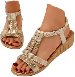 Generic Sandales compens&eacute;es pour femme 2026, strass scintillants, bride en T, sandales plates &agrave; bout ouvert, sandales orthop&eacute;diques habill&eacute;es avec sangle de c