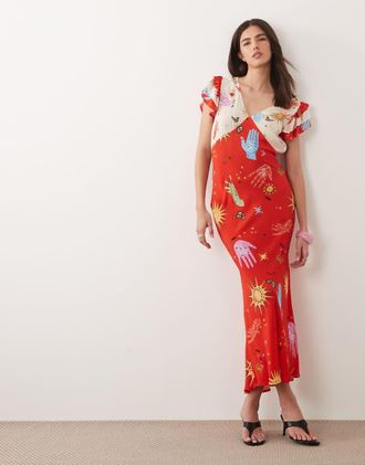 Never Fully Dressed Robe mi-longue en satin &agrave; col V et manches &eacute;vas&eacute;es - Imprim&eacute; c&eacute;leste-Rouge