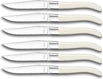 Amefa Lou Laguiole Louis Steakmesser-Set, 6-teilig, Griffe Weiß, Mikro-Wellenschliff mit langanhaltender Schärfe, super scharf & schnitthaltig, Steakbesteck