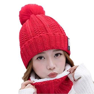 Generic Bonnet de baseball chaud tricoté pour femme avec écharpe en velours pour entraînement par temps froid et vie quotidienne, Rouge, Taille unique