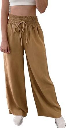 Generic Pantalon en coton et lin pour femme - Jambe large - Pantalon de plage d&eacute;t&eacute; pour femme - Confortable - Pantalon de yoga Palazzo XIYU26039, caf&eacute;, XXL