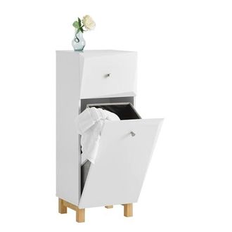 SoBuy Armoire à Linge, Corbeille à Linge, Meuble Bas de Salle de Bain sur Pieds, Armoire Toilette, Meuble de Rangement avec 1 Tiroir et 1 Panier à Linge Amo