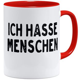 OM3 Ich Hasse Menschen Kaffee-Tasse mit lustigem Spruch - Keramik Becher - 11oz 325ml - Beidseitig Bedruckt - Rot