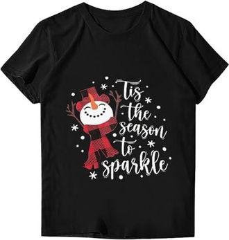 Generic T-shirt de No&euml;l pour femme bonhomme de neige d&eacute;contract&eacute; col rond imprim&eacute; arbre de No&euml;l manches courtes, Noir, XXL