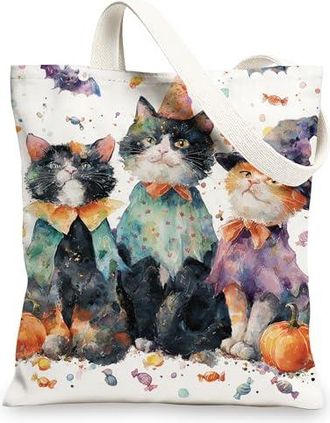 Generic Sacs fourre-tout en toile avec motif chat coloré, réutilisables, amusants, légers et lavables avec bandoulière pour salle de sport, voyage, plage, piq
