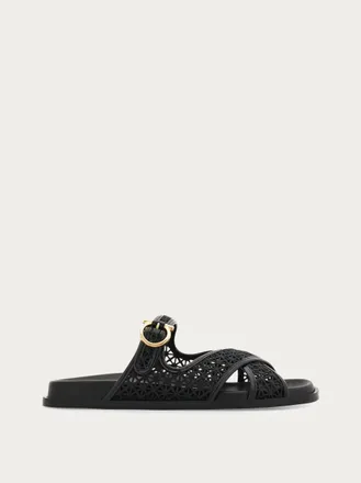 Ferragamo Damen Slide mit &uuml;berkreuzten Riemen Schwarz Gr&ouml;&szlig;e 35.5